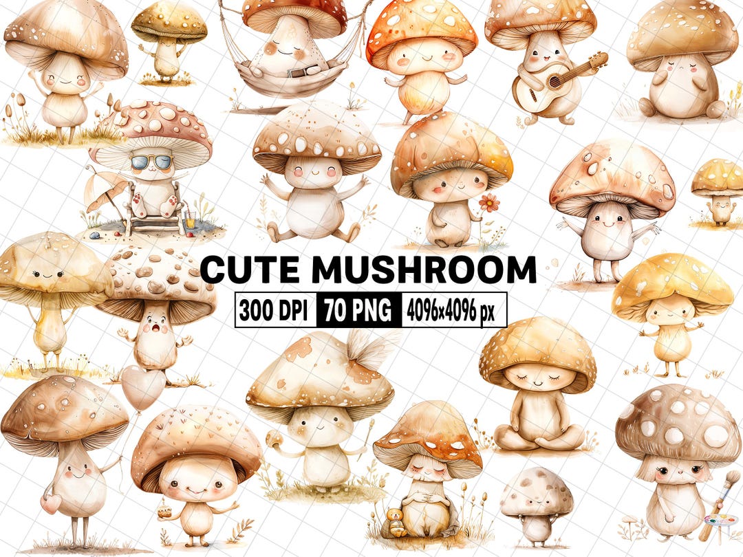 Cute Mushroom Clipart Kawaii & Funny Toadstool PNG 70 Digital Nature ...
