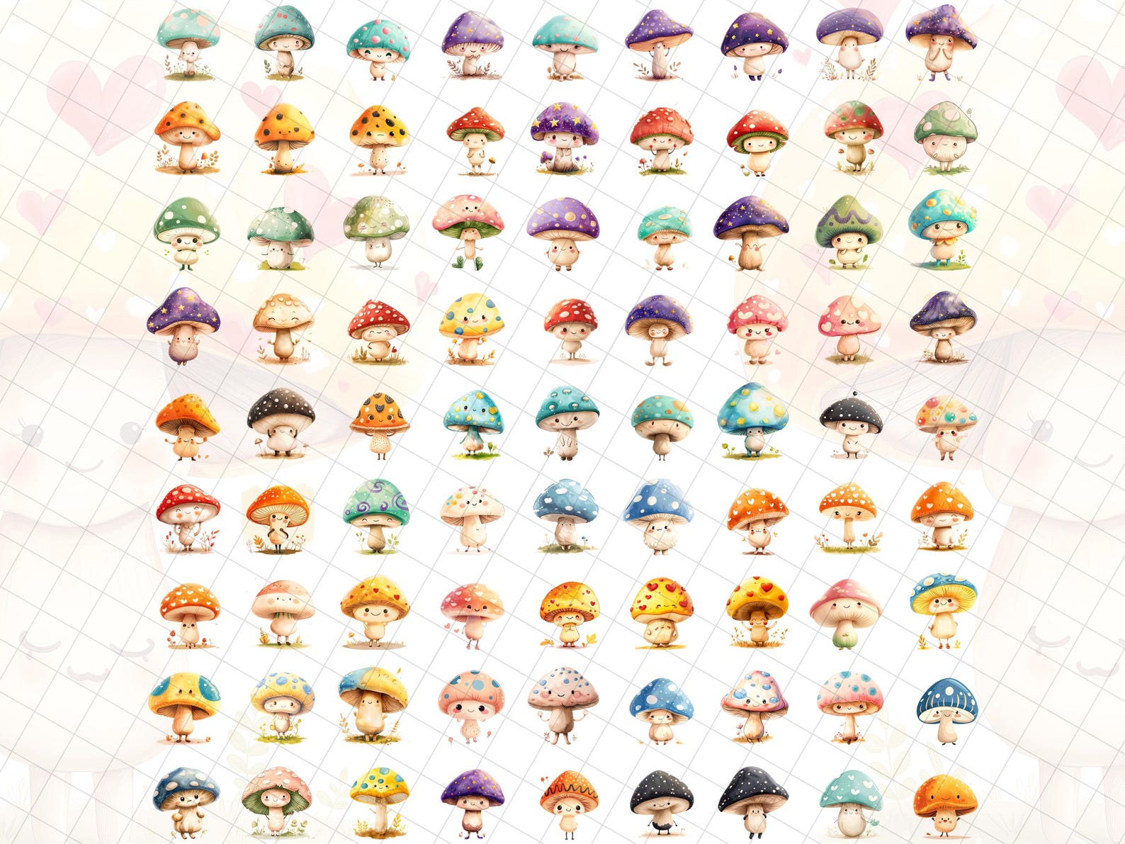 Cute Mushroom Clipart Kawaii & Funny Toadstool PNG 165 Digital Nature ...