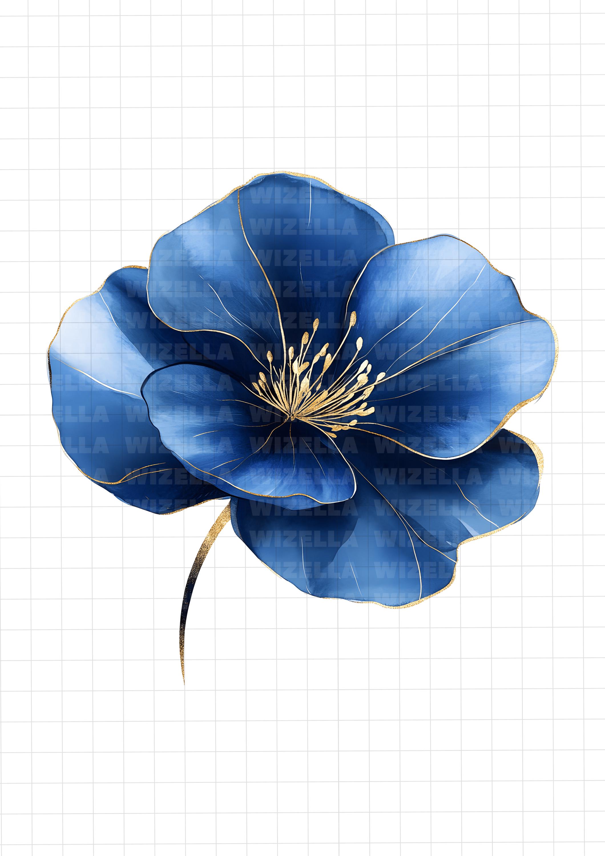 47 Blue and Gold Abstract Flowers Clipart, Watercolor Floral PNG, Boho ...