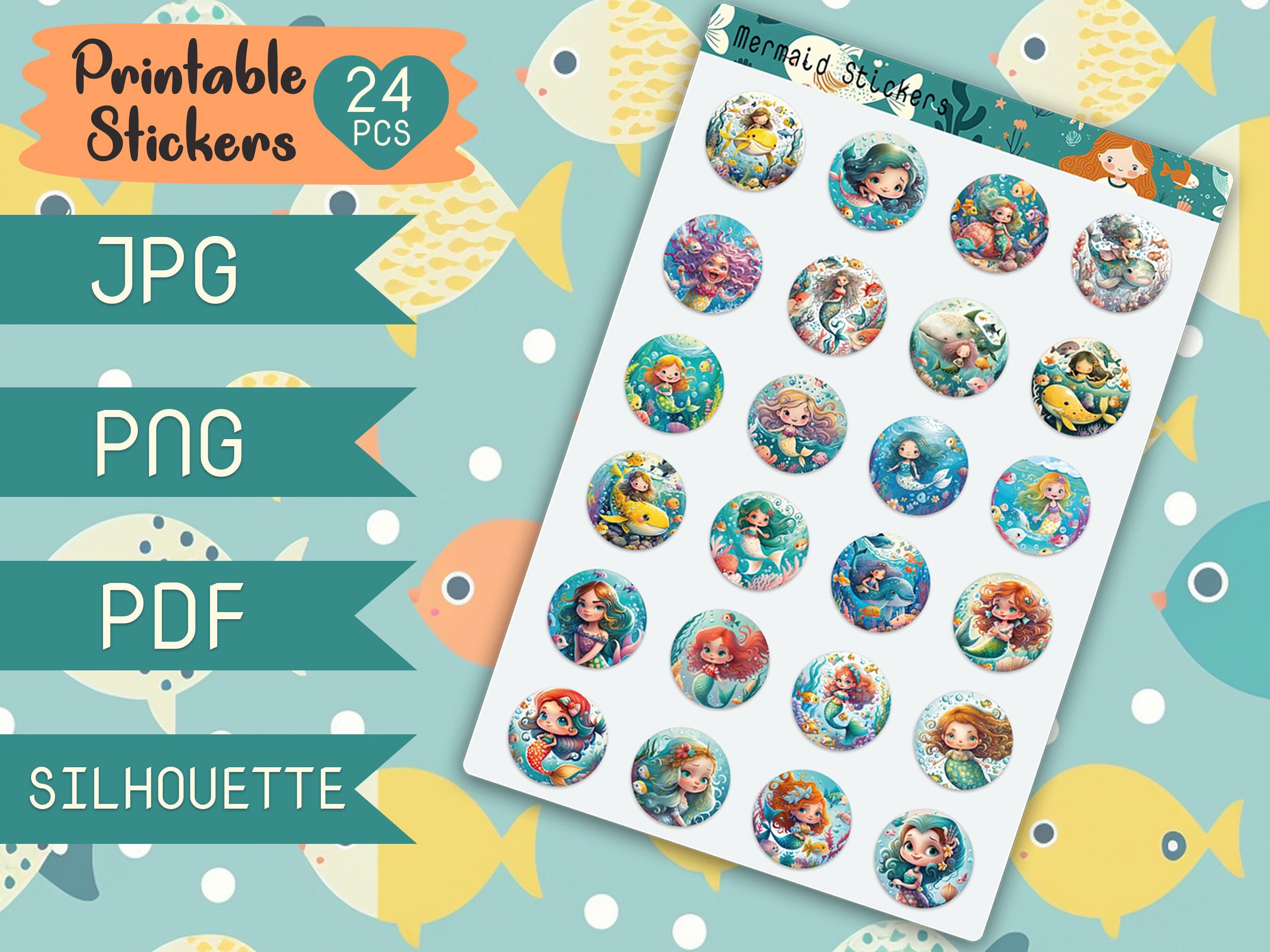 24 PCS Cute Mermaid Sticker Sheet Print and Cut Clipart PNG Sea ...