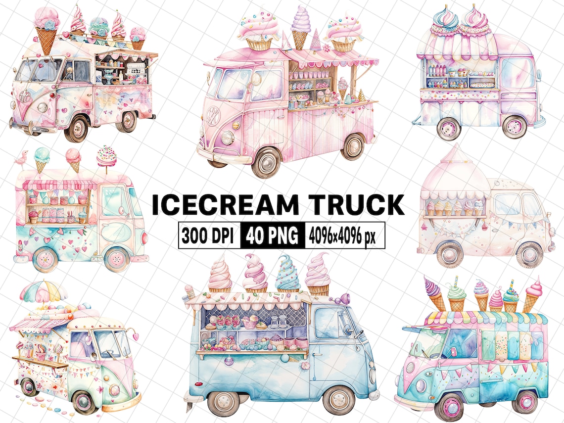 Ice Cream Truck Clipart - Watercolor Ice Cream Van and Shop PNG | 40 ...
