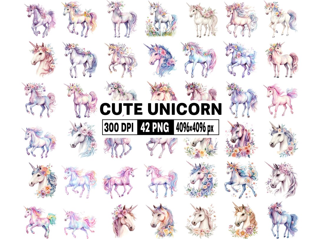 42 Cartoon Unicorn Clipart - Cute Pastel Unicorns PNG - Watercolor ...