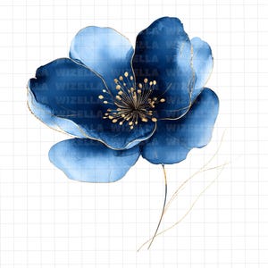 47 Blue and Gold Abstract Flowers Clipart, Watercolor Floral PNG, Boho ...