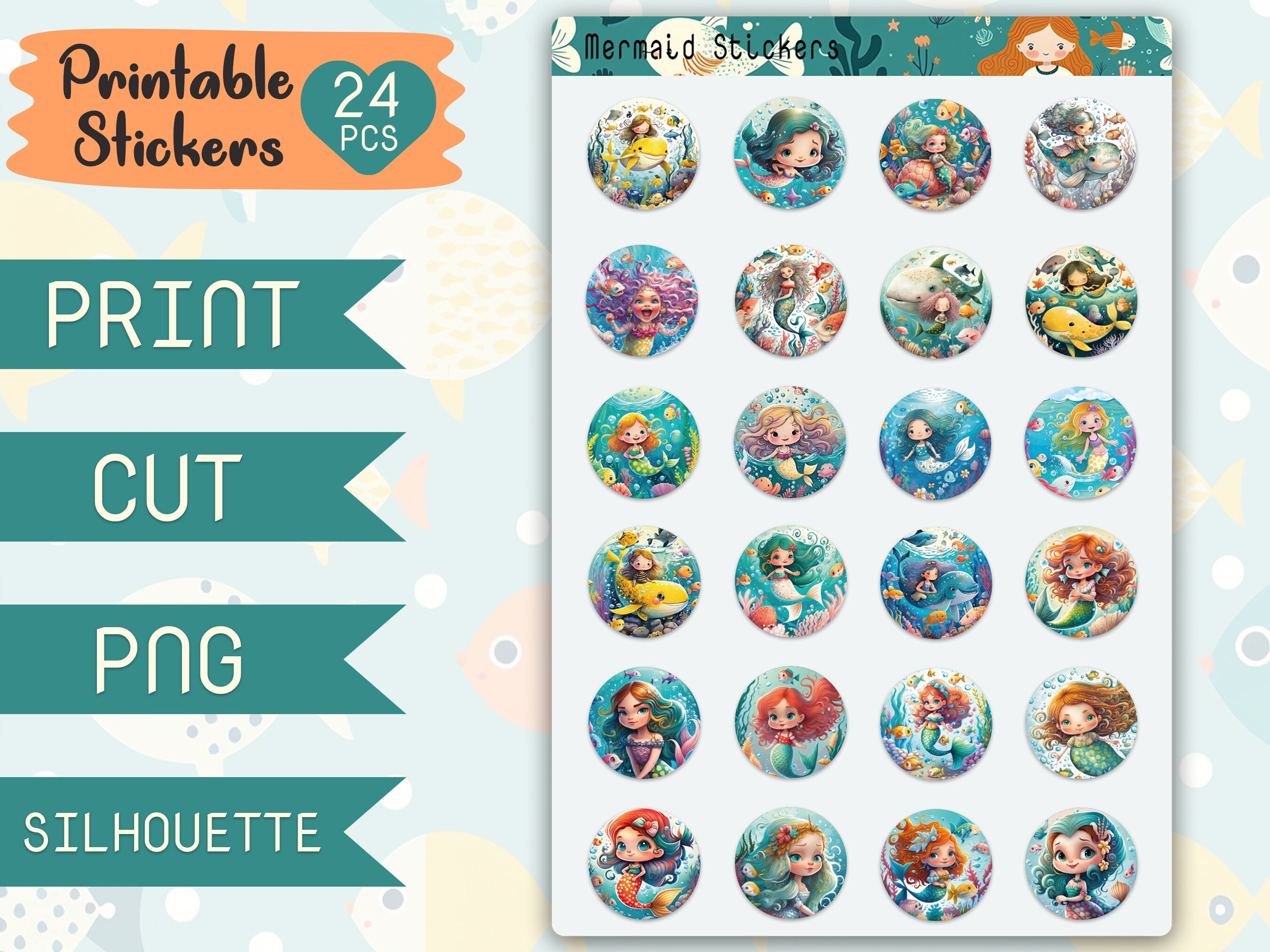 24 PCS Cute Mermaid Sticker Sheet | Print and Cut | Clipart PNG Sea ...