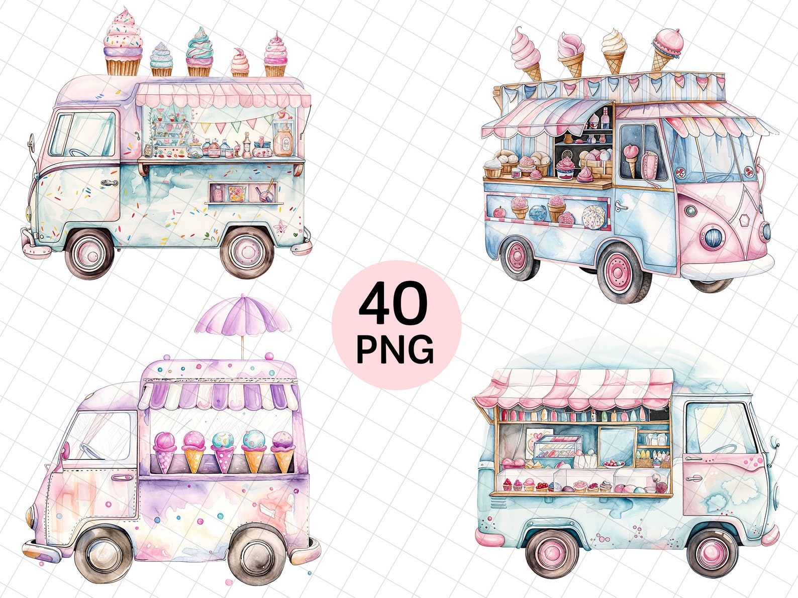 Ice Cream Truck Clipart - Watercolor Ice Cream Van and Shop PNG | 40 ...