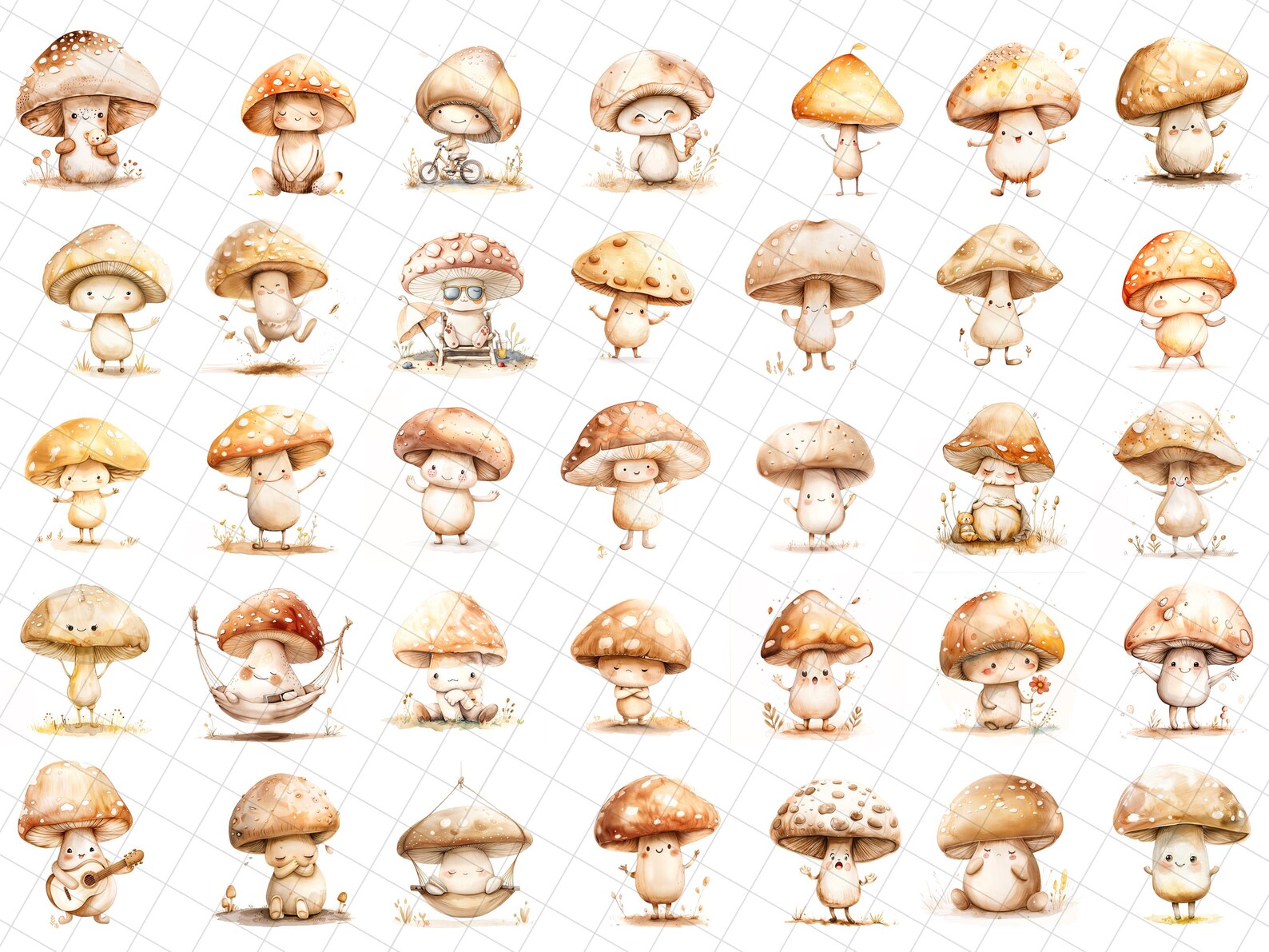 Cute Mushroom Clipart Kawaii & Funny Toadstool PNG 70 Digital Nature ...