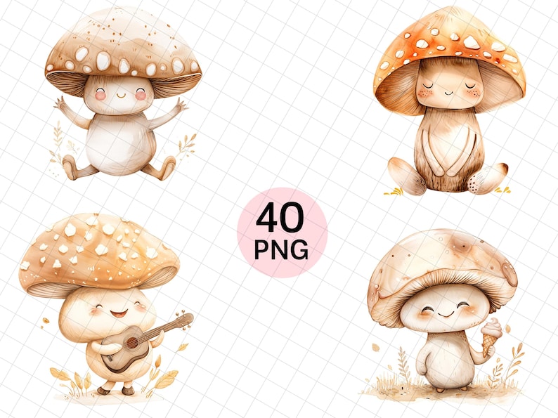 Cute Mushroom Clipart Kawaii & Funny Toadstool PNG 70 Digital Nature ...