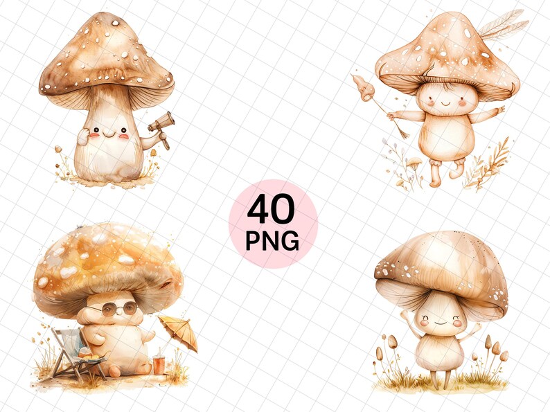 Cute Mushroom Clipart Kawaii & Funny Toadstool PNG 70 Digital Nature ...