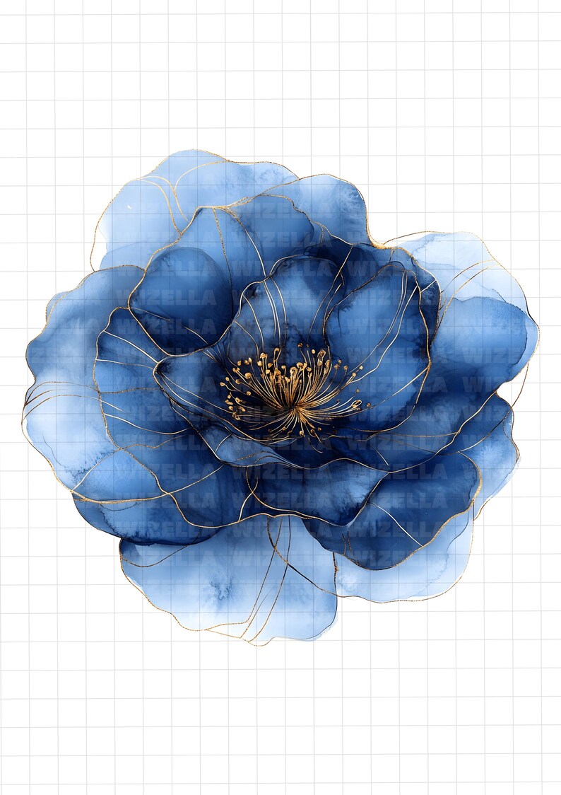 47 Blue and Gold Abstract Flowers Clipart, Watercolor Floral PNG, Boho ...