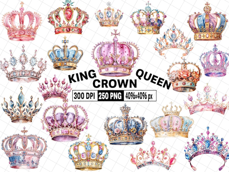 Watercolor Crown Clipart Bundle - King, Queen, Princess, Gold, Royal ...