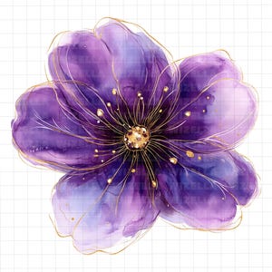 22 Purple and Gold Abstract Flowers Clipart, Watercolor Floral PNG ...