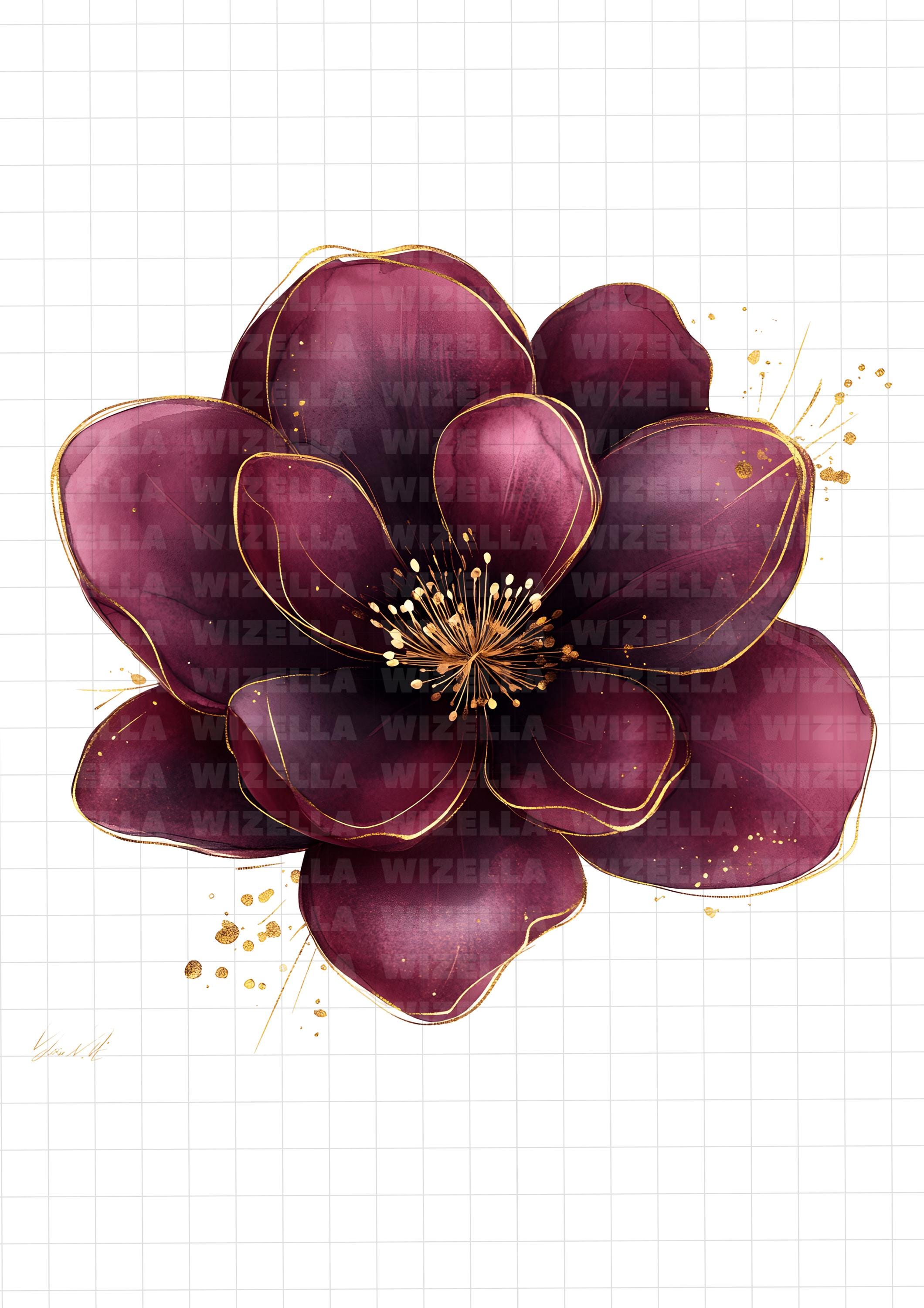 53 Burgundy and Gold Abstract Flowers Clipart, Watercolor Floral PNG ...