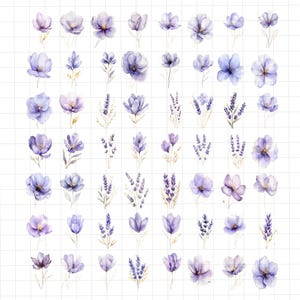56 Lavender and Gold Abstract Flowers Clipart, Watercolor Floral PNG ...