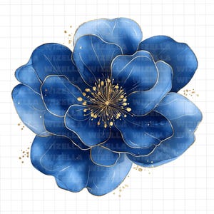 47 Blue and Gold Abstract Flowers Clipart, Watercolor Floral PNG, Boho ...