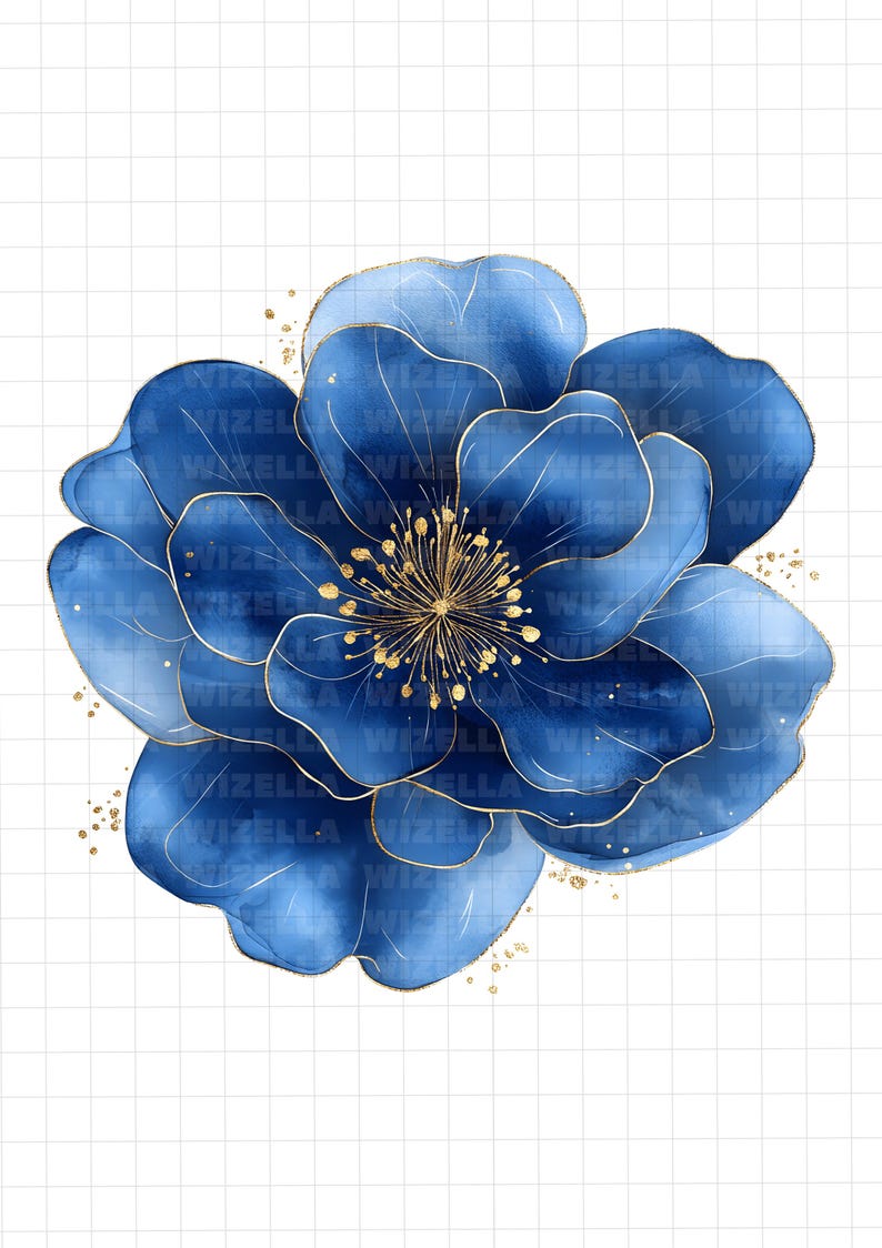 47 Blue and Gold Abstract Flowers Clipart, Watercolor Floral PNG, Boho ...
