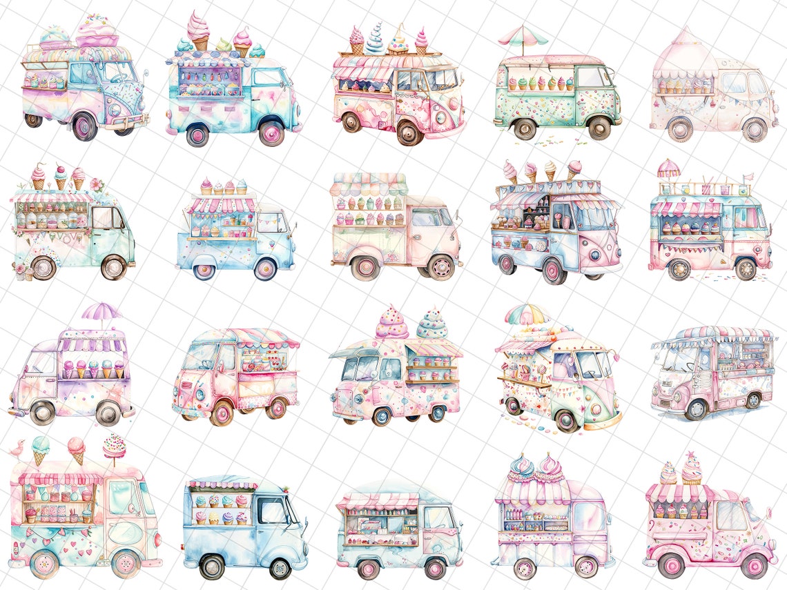 Ice Cream Truck Clipart Watercolor Ice Cream Van and Shop PNG 40 ...