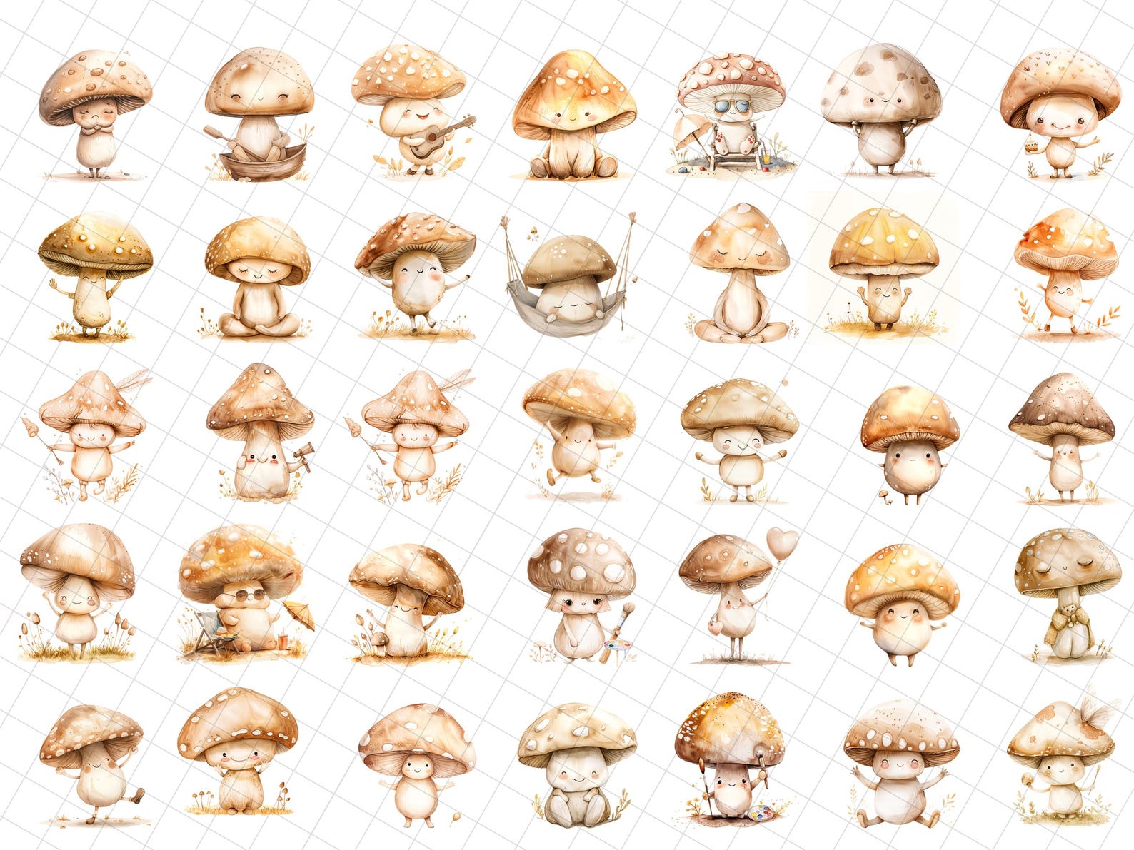 Cute Mushroom Clipart Kawaii & Funny Toadstool PNG 70 Digital Nature ...