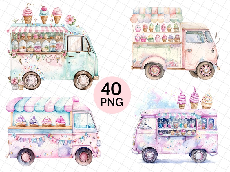 Ice Cream Truck Clipart - Watercolor Ice Cream Van and Shop PNG | 40 ...