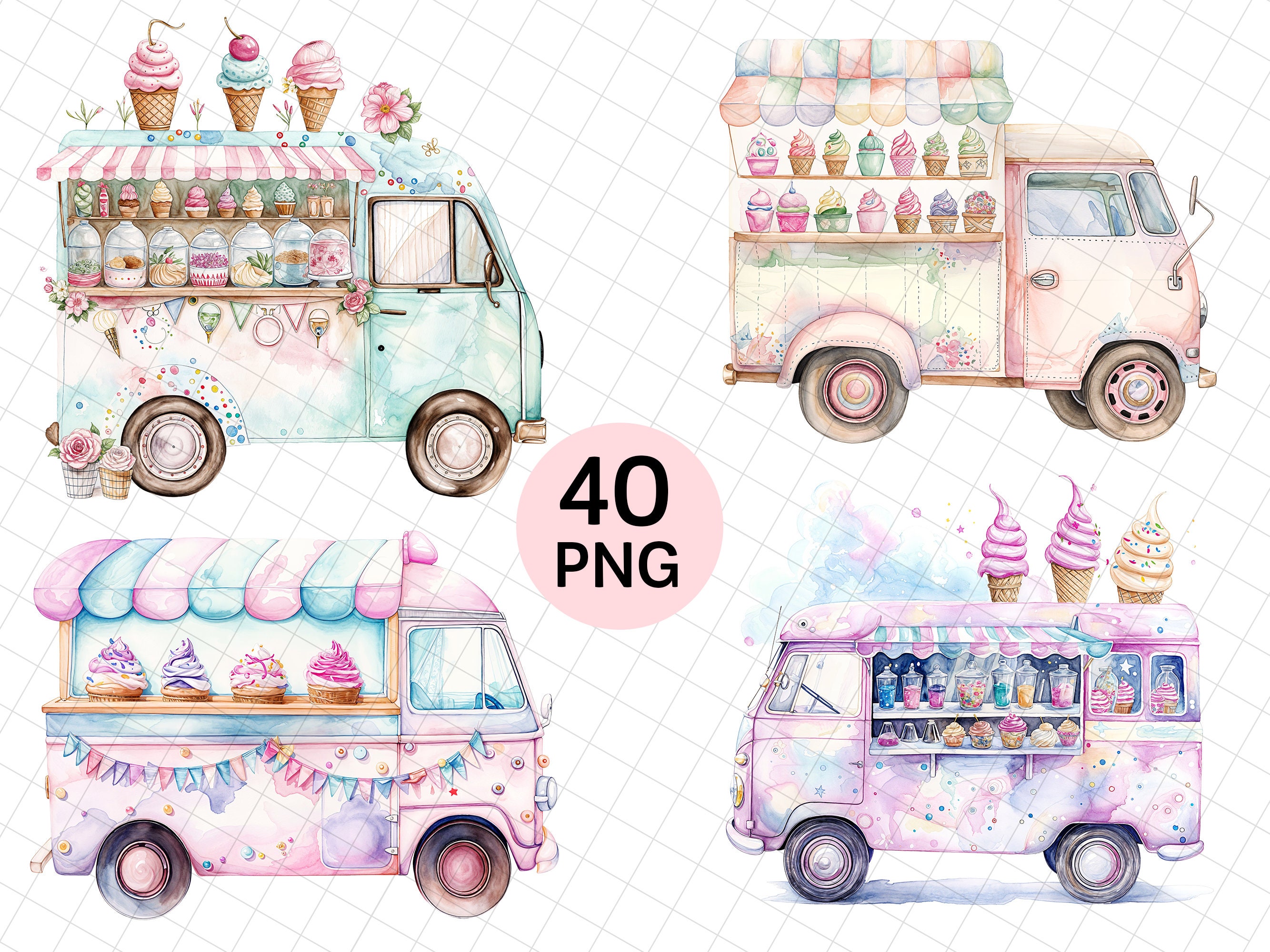 Ice Cream Truck Clipart - Watercolor Ice Cream Van and Shop PNG | 40 ...