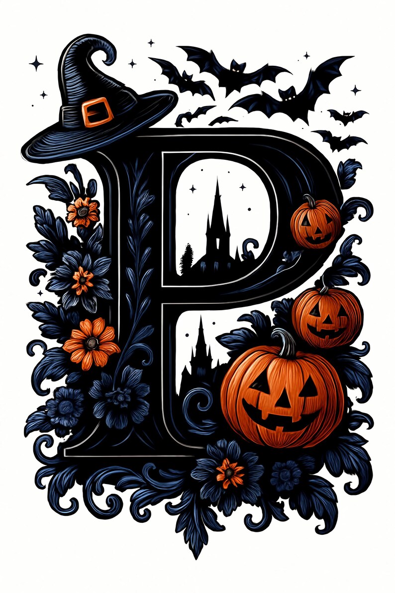 Halloween Alphabet Clipart Bundle: Witch Hat, Pumpkins, Floral Letters ...