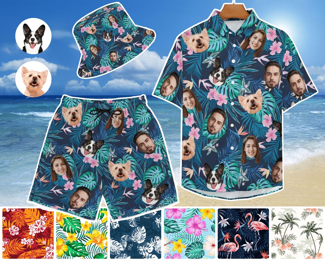Custom Father's Day Hawaiian Shirt Trunks Hats With Face, Dog Hawaiian ...