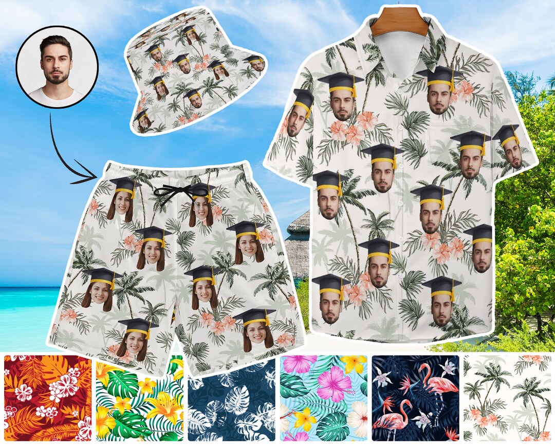 Custom Graduation Hawaiian Shirt Trunks Bucket Hat With Face, Dog ...