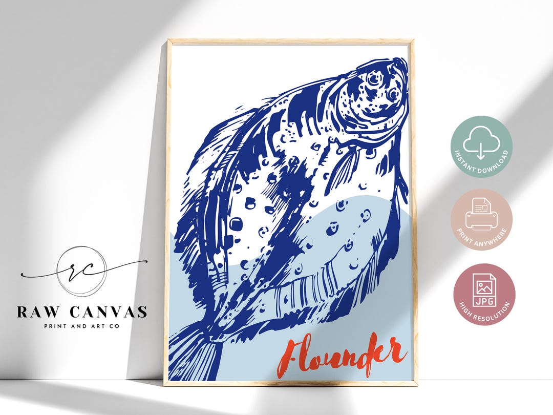 Flounder Art Print, Retro Coastal Kitchen Decor, Digital Download ...