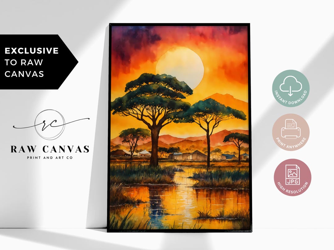 African Sunset Digital Art | Acacia Tree Wall Art, African Safari ...