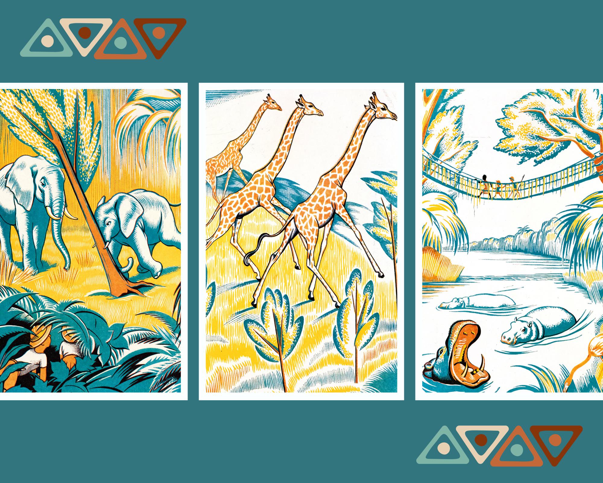 Vintage Jungle Animal Set | Digital Download Wall Art, Safari Wildlife ...