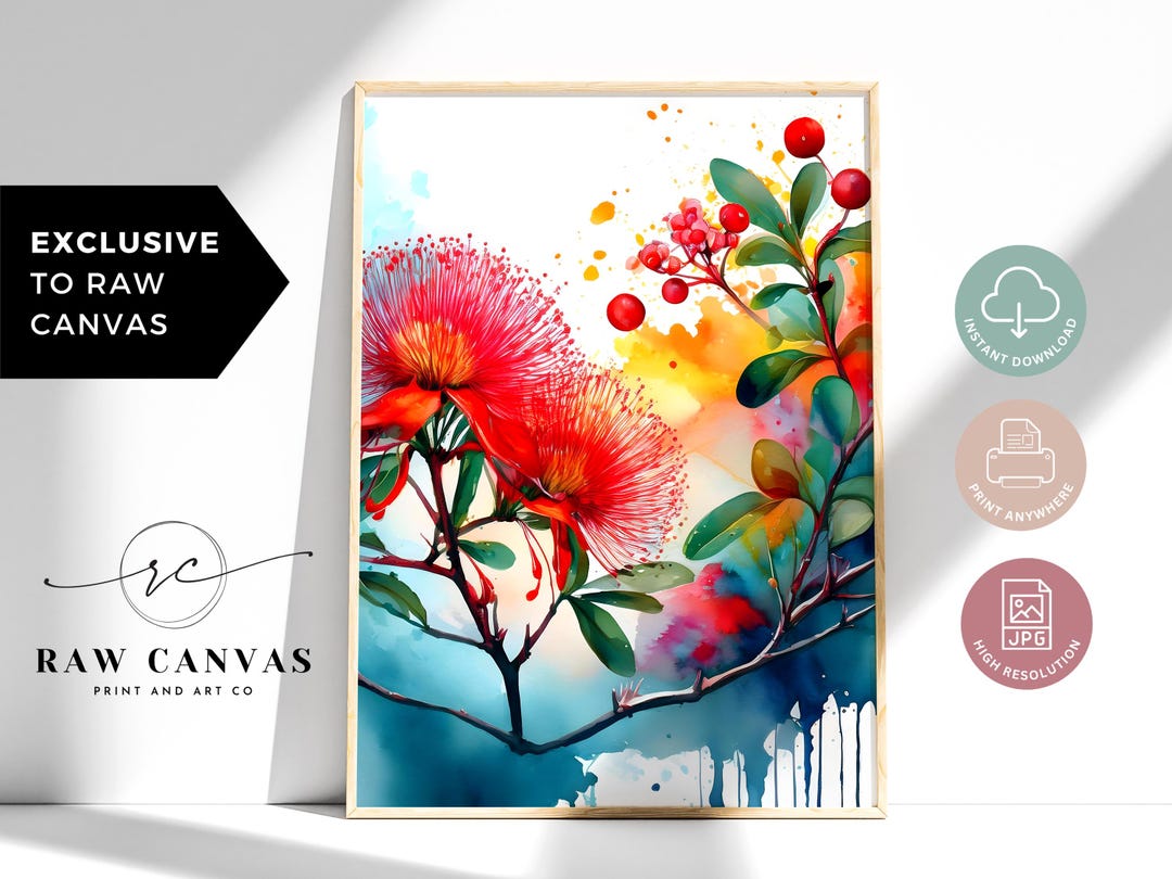 Pohutukawa Print, NZ Native Flower Art, Red Watercolor Botanical Wall ...