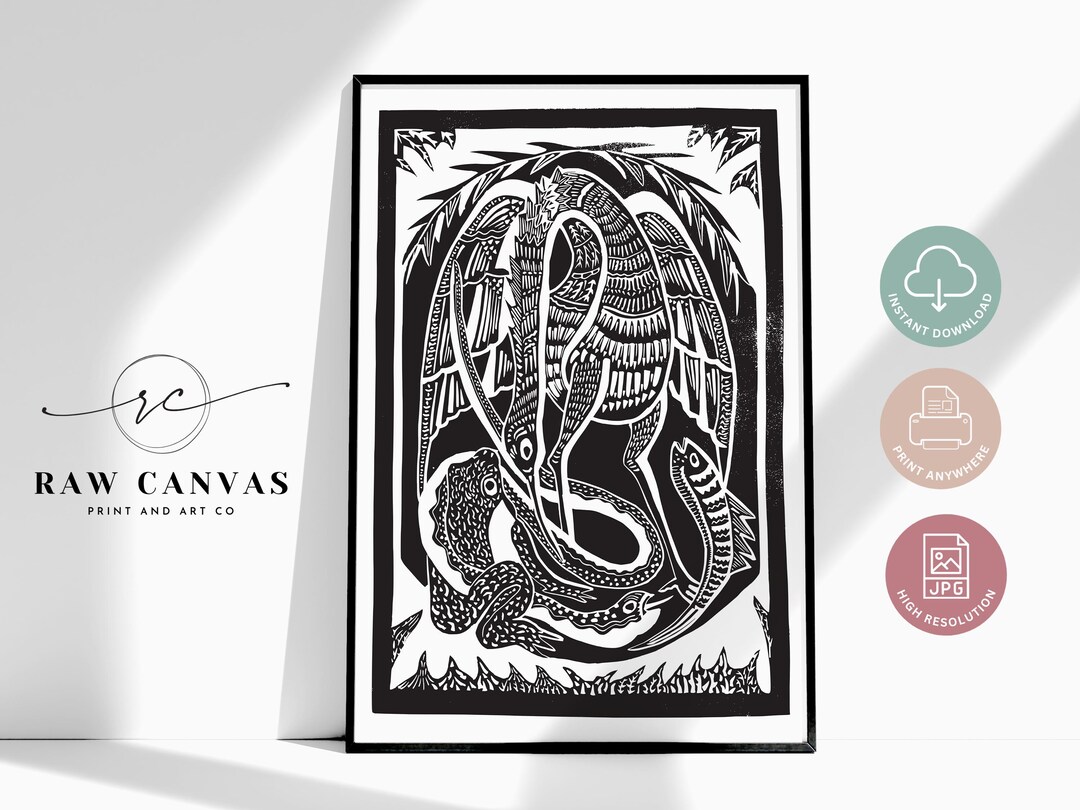 African Fable Linocut Print: Black and White Animal Art (digital ...