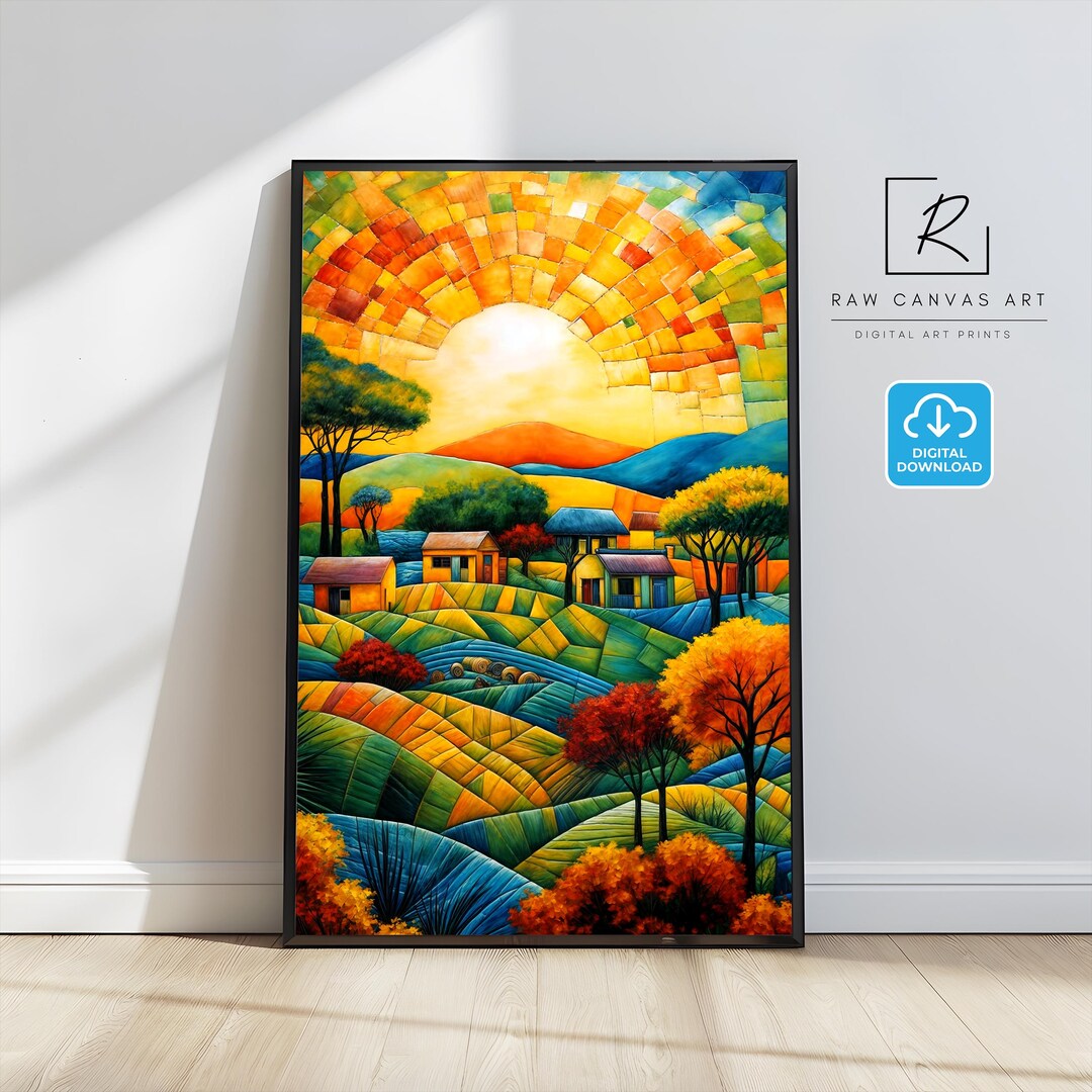 Vibrant Mosaic Landscape Art | Printable Sunlit Village Scene ...