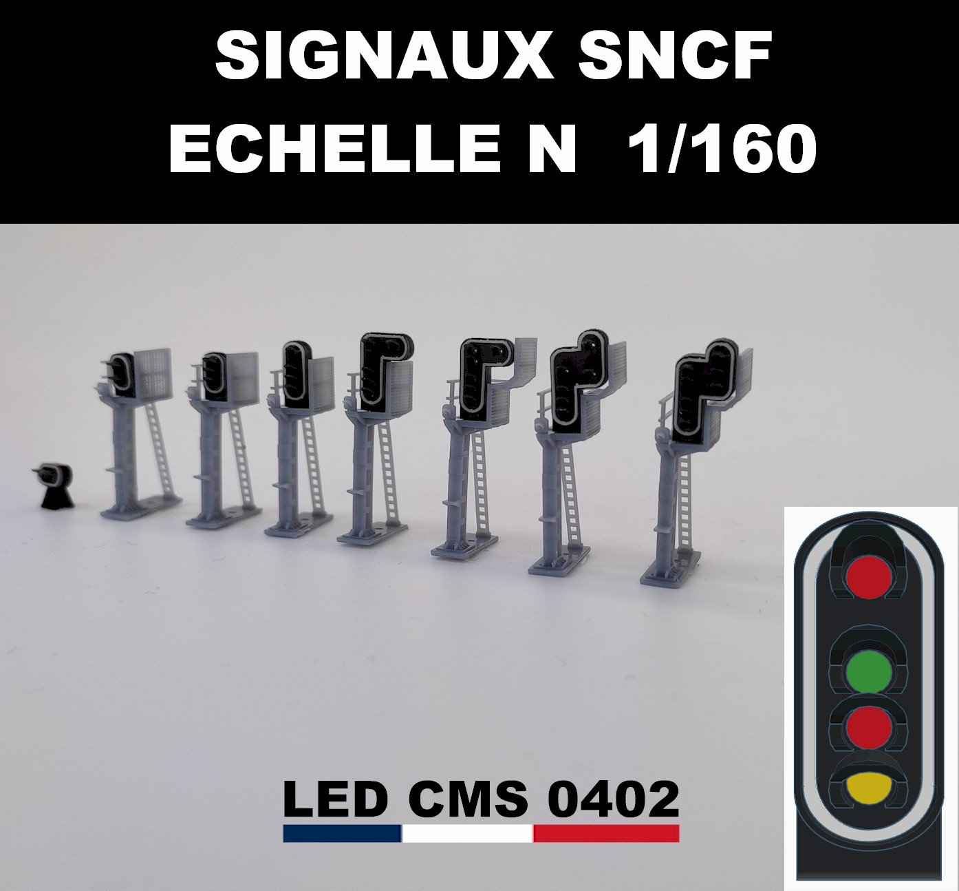 Carré 4 signaux PLM SNCF feux de signalisation échelle N 1/160 led cms ...