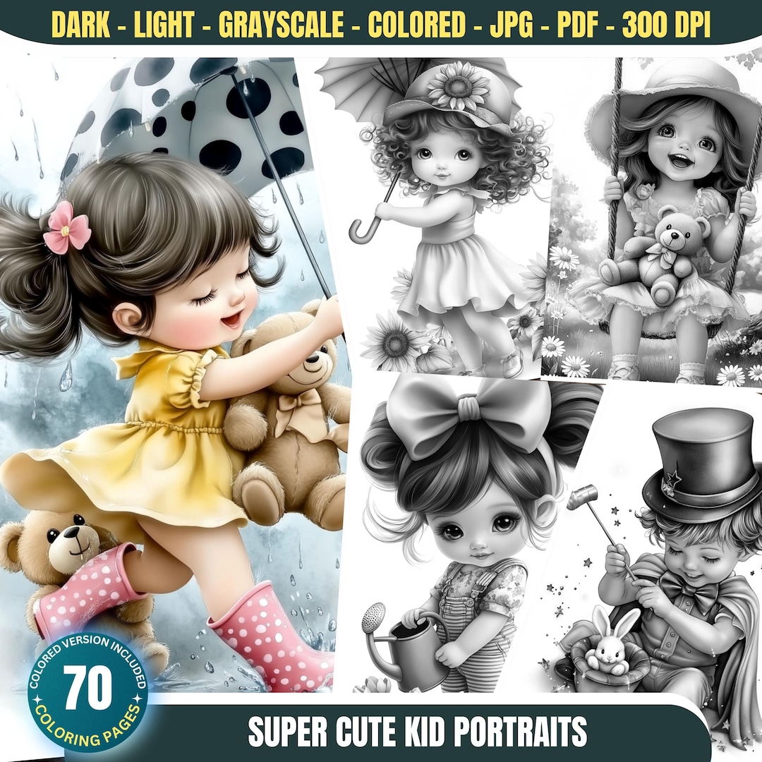 Super Cute Kid Portraits: 70 Coloring Pages for Adults and Kids Instant ...