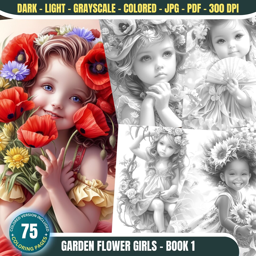 Garden Flower Girls Book 1 - 75 Coloring Pages for Adults and Kids ...