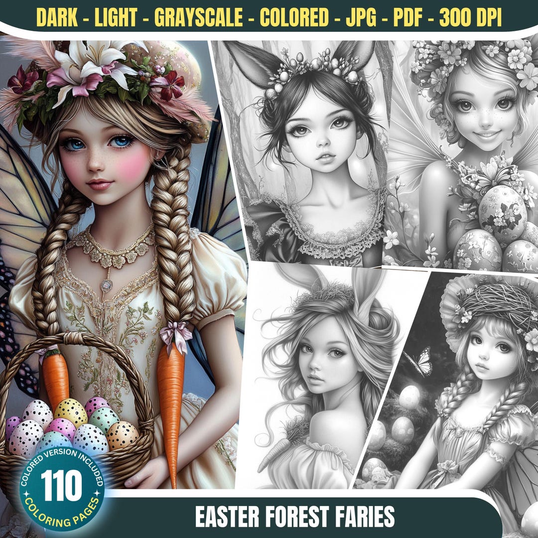 Easter Forest Fairies: 115 Coloring Pages for Adults and Kids Grayscale ...