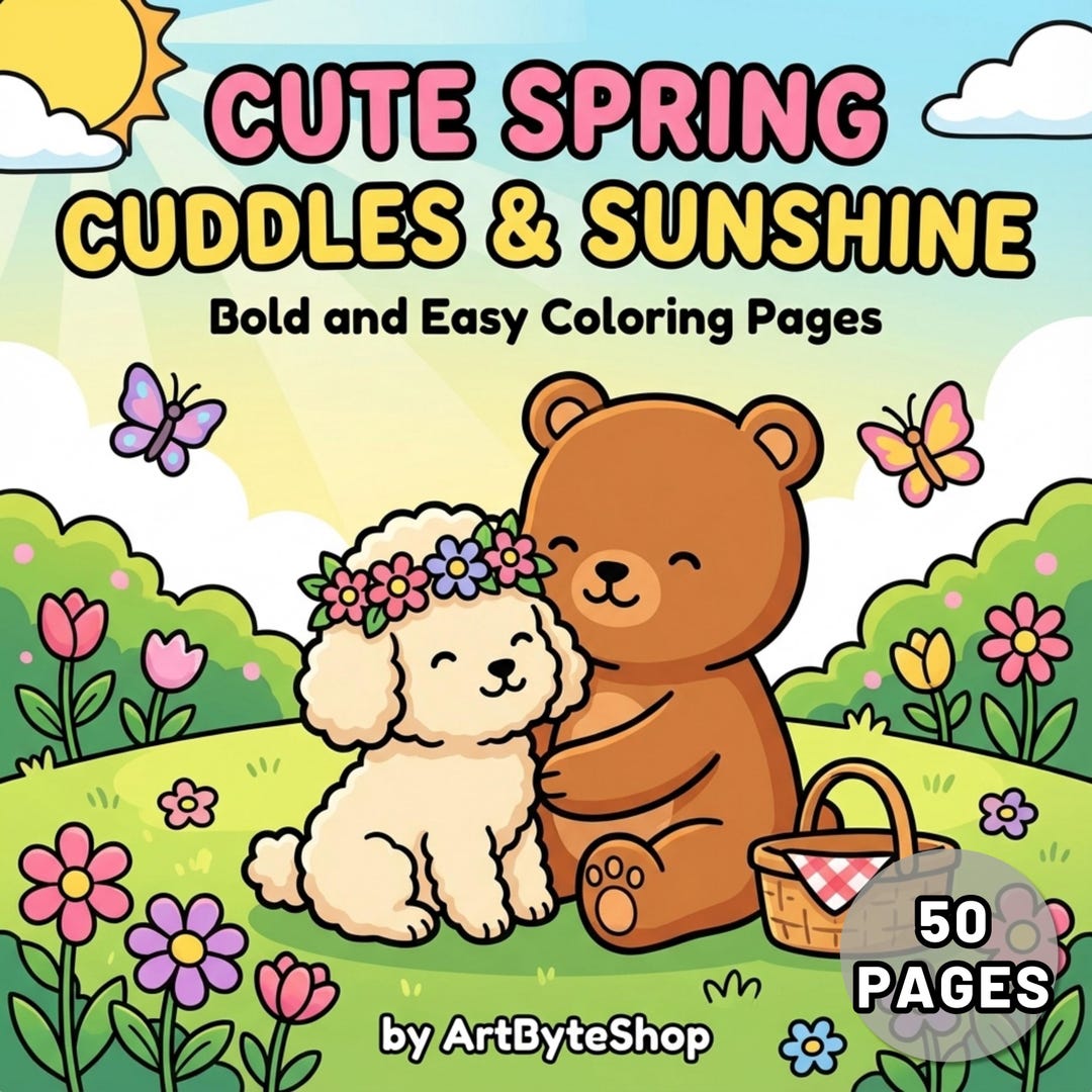 50 Cute Spring Cuddles and Sunshine Coloring Book - Bold Line Art for ...