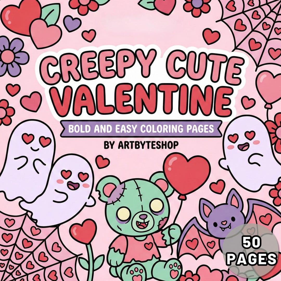 50 Bold and Easy Creepy Cute Valentine Coloring Pages, Spooky Goth ...