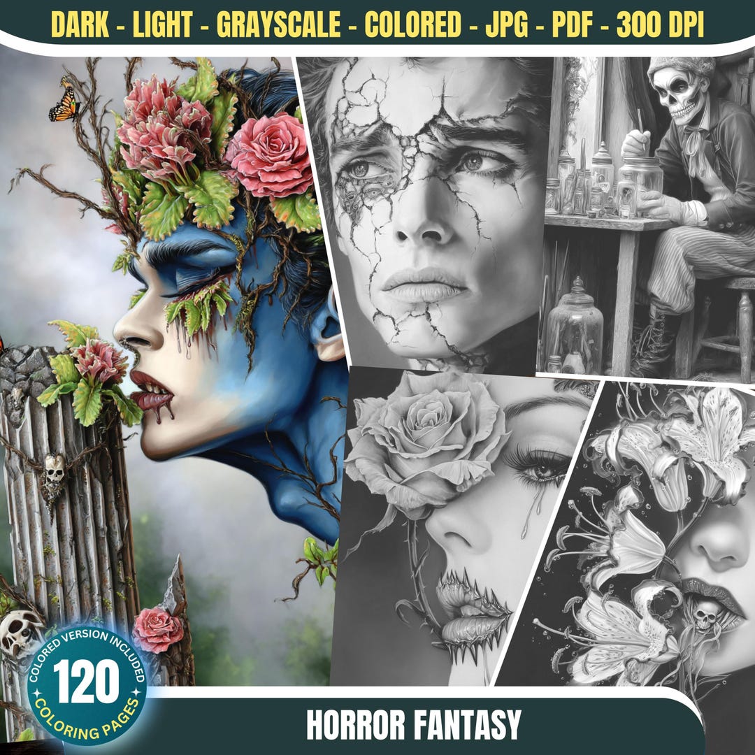 Horror Fantasy: 120 Coloring Pages for Adults and Kids Instant Download ...