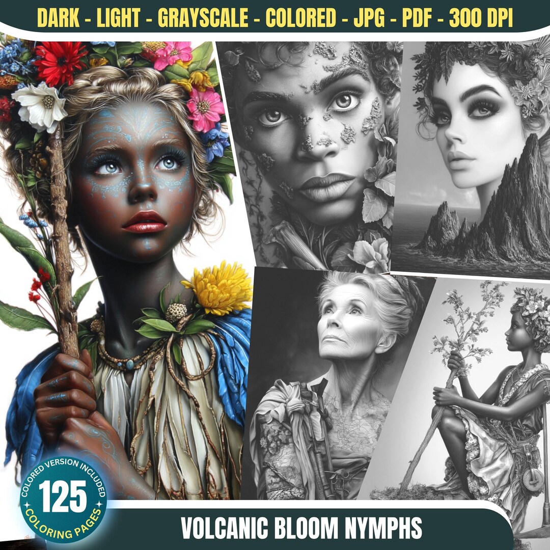 Volcanic Bloom Nymphs: 125 Coloring Pages for Adults and Kids Instant ...