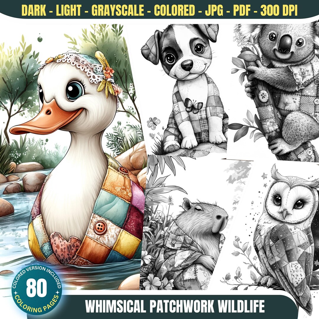 Whimsical Patchwork Wildlife: 100 Coloring Pages for Adults and Kids ...
