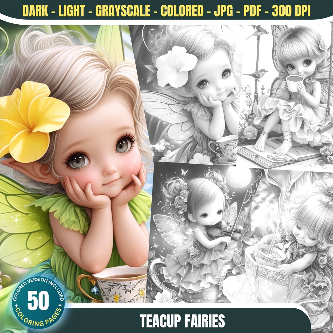 Teacup Fairies: 50 Coloring Pages for Adults and Kids Instant Download ...