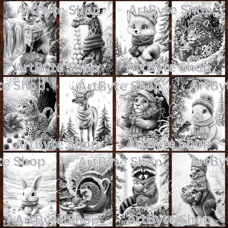 Cute Animals in Frosted Land: 100 Christmas Coloring Pages for Adults ...