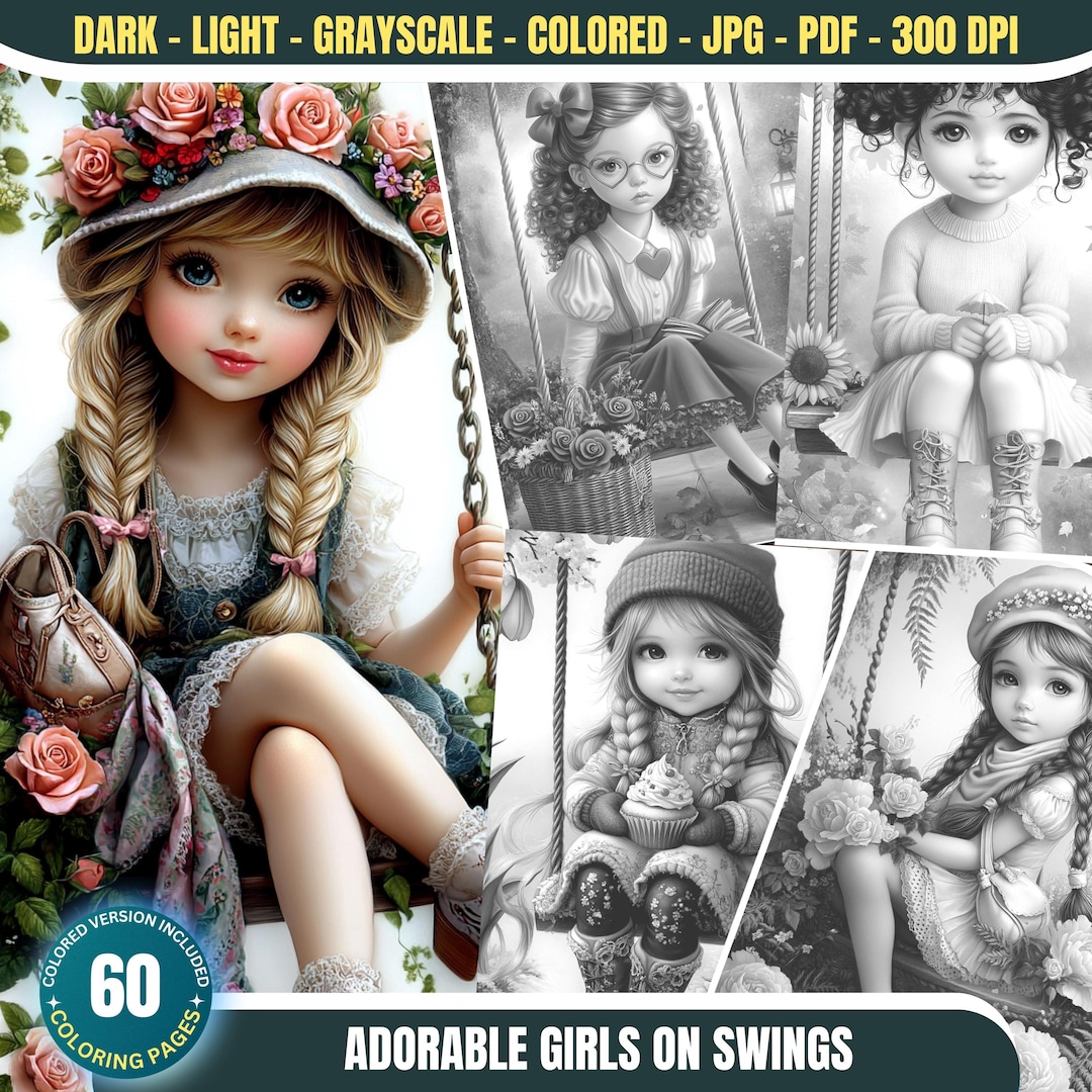 Adorable Girls on Swings: 60 Coloring Pages for Adults and Kids Instant ...