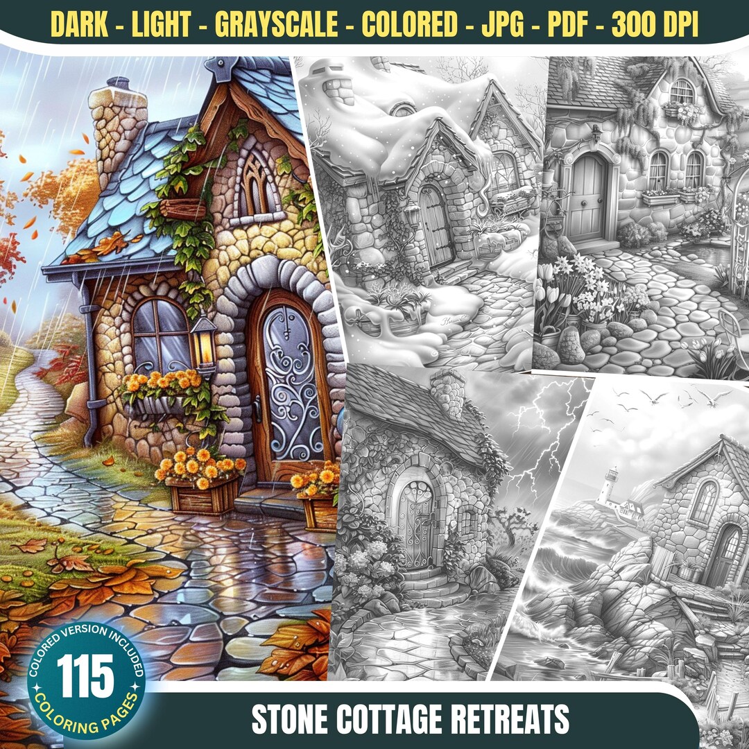 Stone Cottage Retreats: 115 Coloring Pages for Adults and Kids Instant ...
