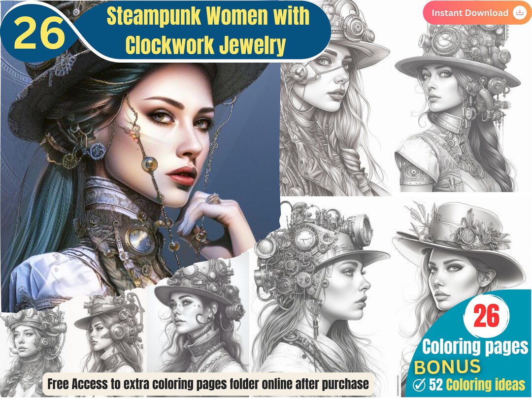 26 Steampunk Women Coloring Pages With Clockwork Jewelry + 52 Coloring ...