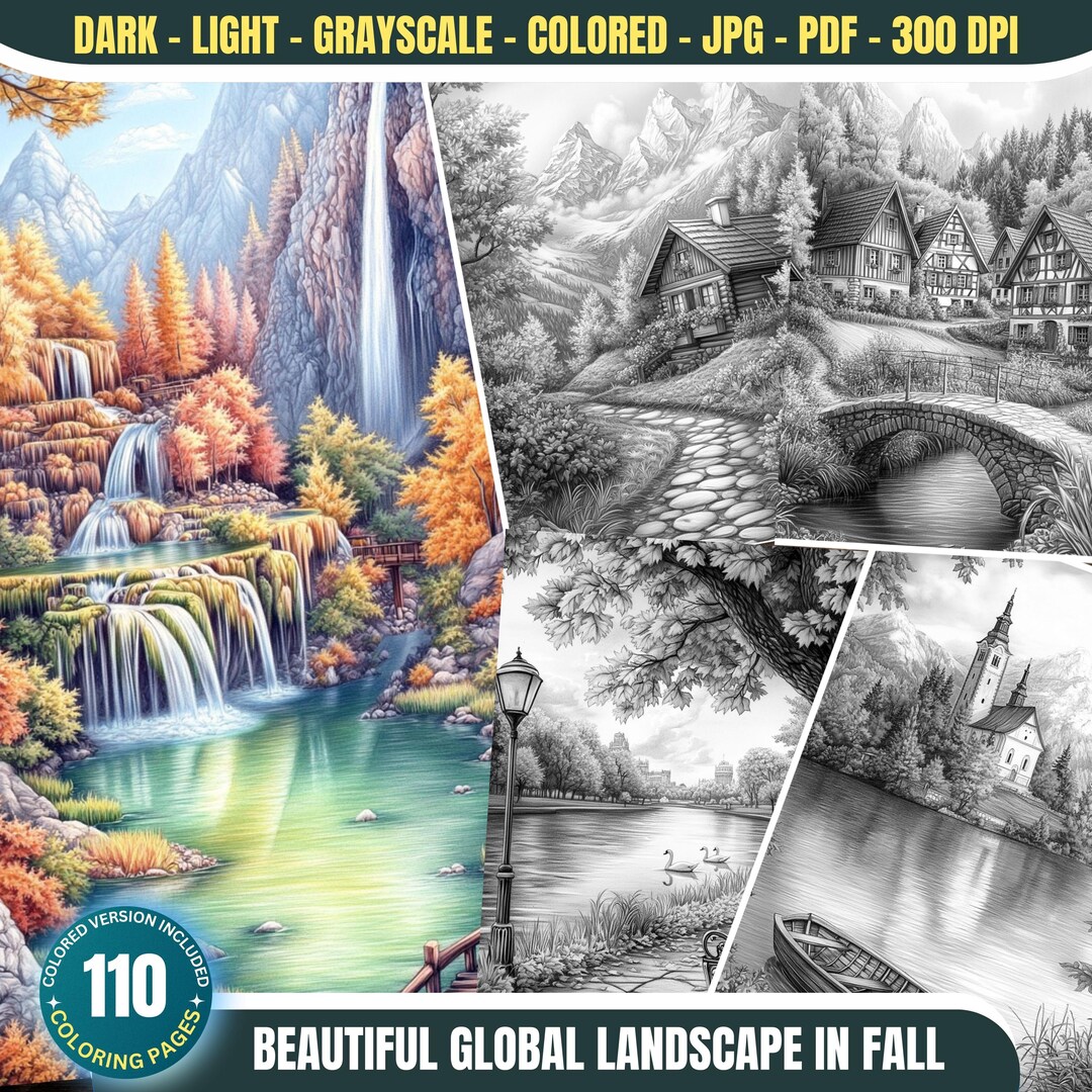 Beautiful Global Landscapes in Fall: 110 Coloring Pages for Adults and ...