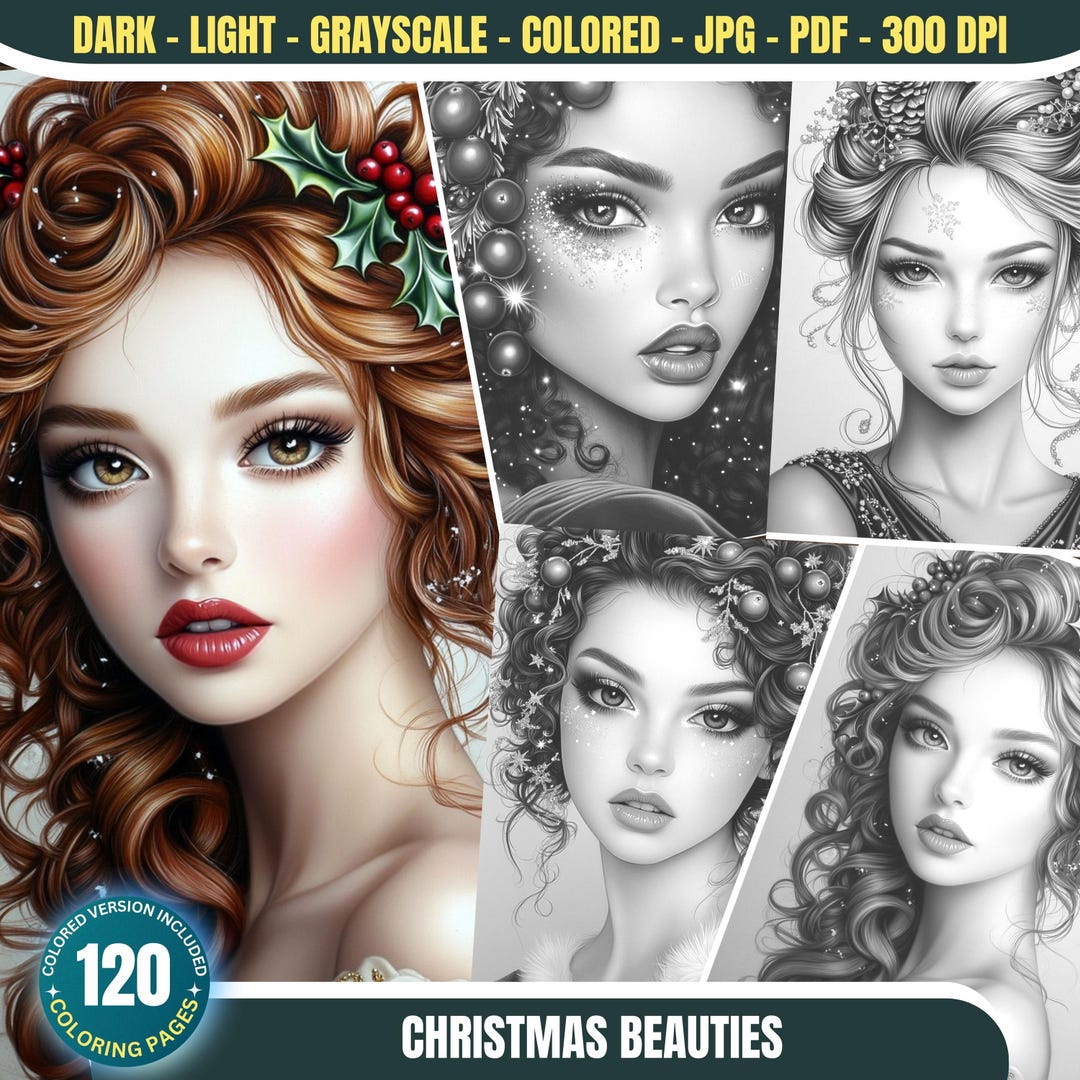 Christmas Beauties: 120 Coloring Pages for Adults Instant Download ...