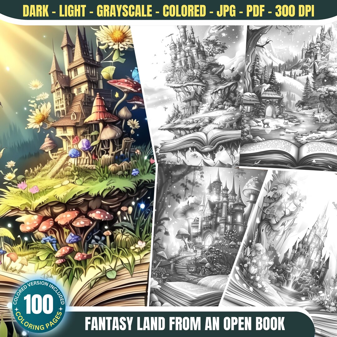 Fantasy Land From an Open Book- 100 Coloring Pages for Adults and Kids ...