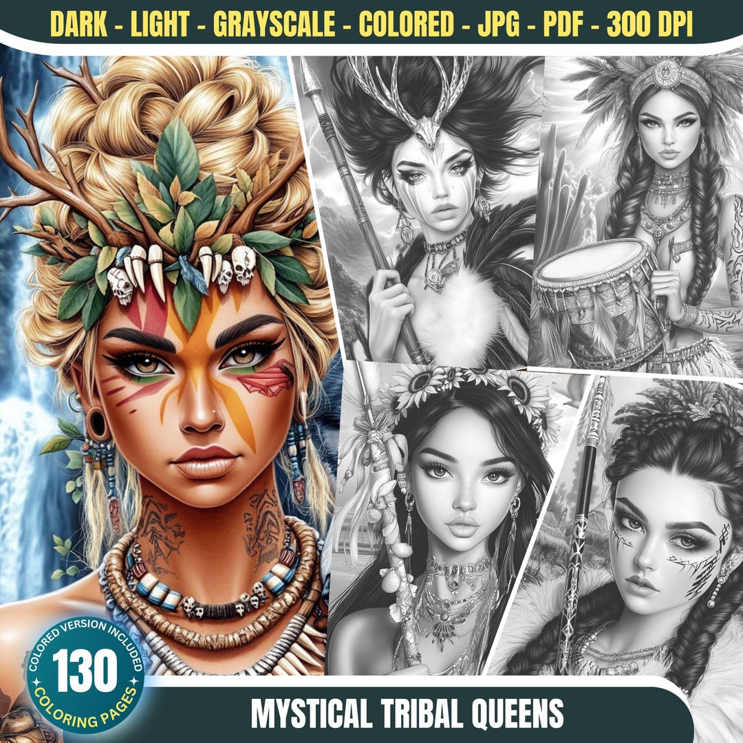 Mystical Tribal Queens: 130 Coloring Pages for Adults and Kids Instant ...